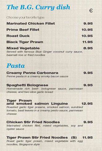 Menu at Blue Ginger restaurant, Dublin