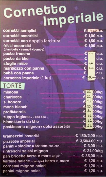 Menu da Cornetto Imperiale caffè bar, Roma, Viale Pinturicchio