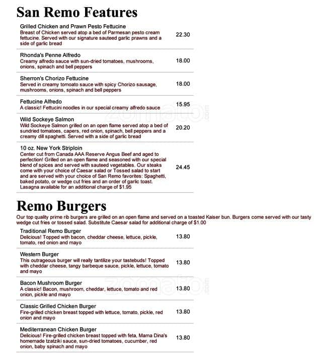 Menu at San Remo Restaurant, Port Coquitlam