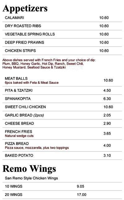 Menu at San Remo Restaurant, Port Coquitlam