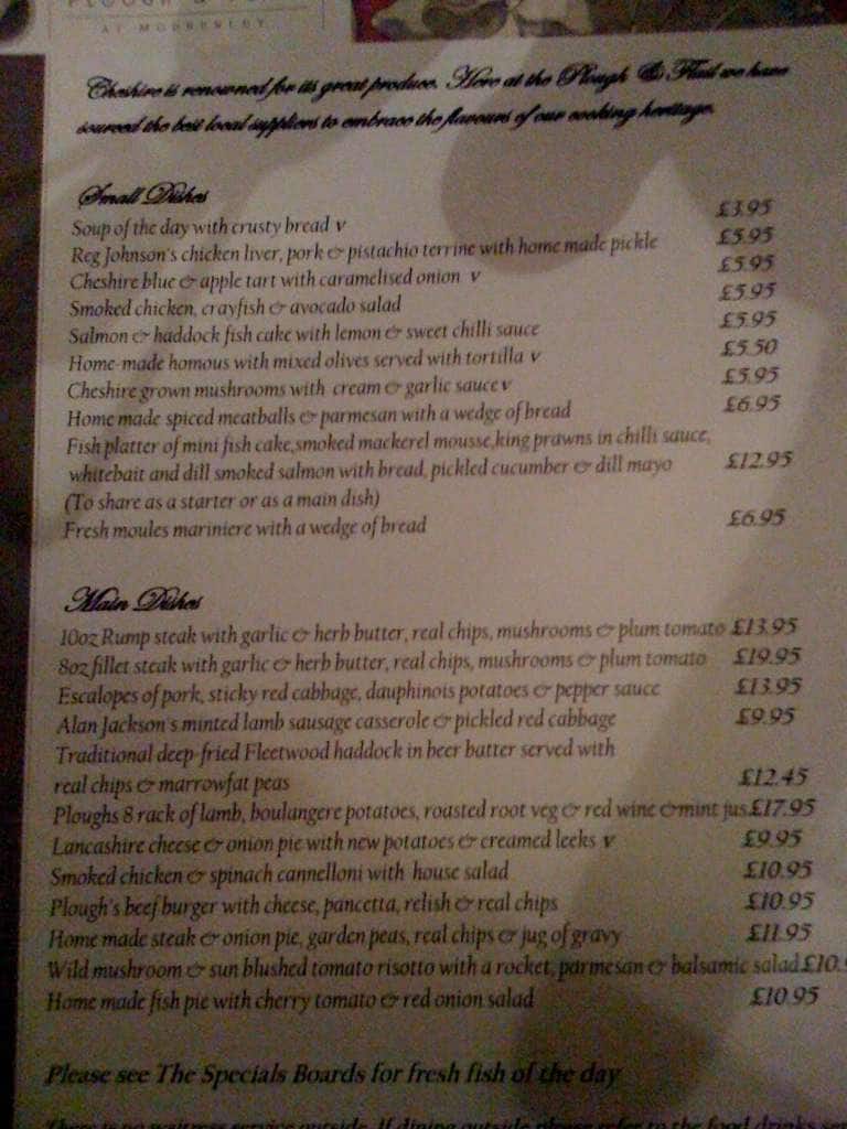 Plough & Flail Inn Menu, Menu for Plough & Flail Inn, Knutsford, North ...