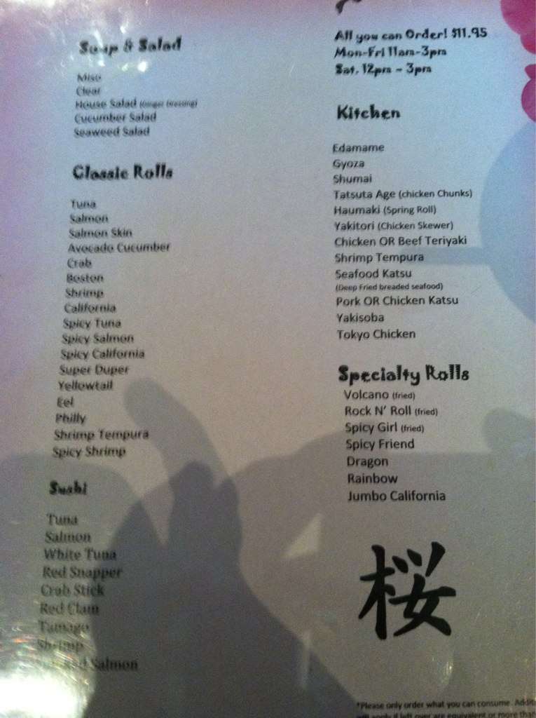 Menu at Sakura Sushi restaurant, Virginia Beach, Lynnhaven Pkwy