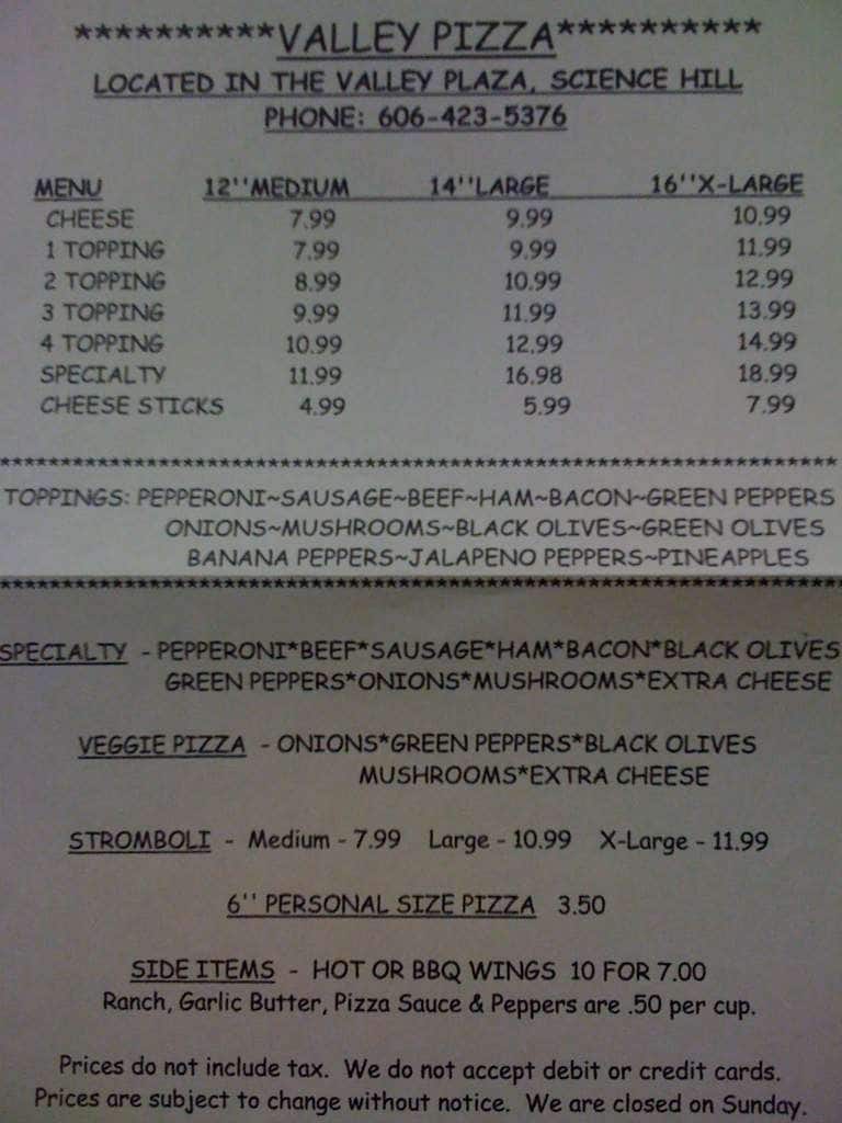Menu at Valley Pizza, Somerset