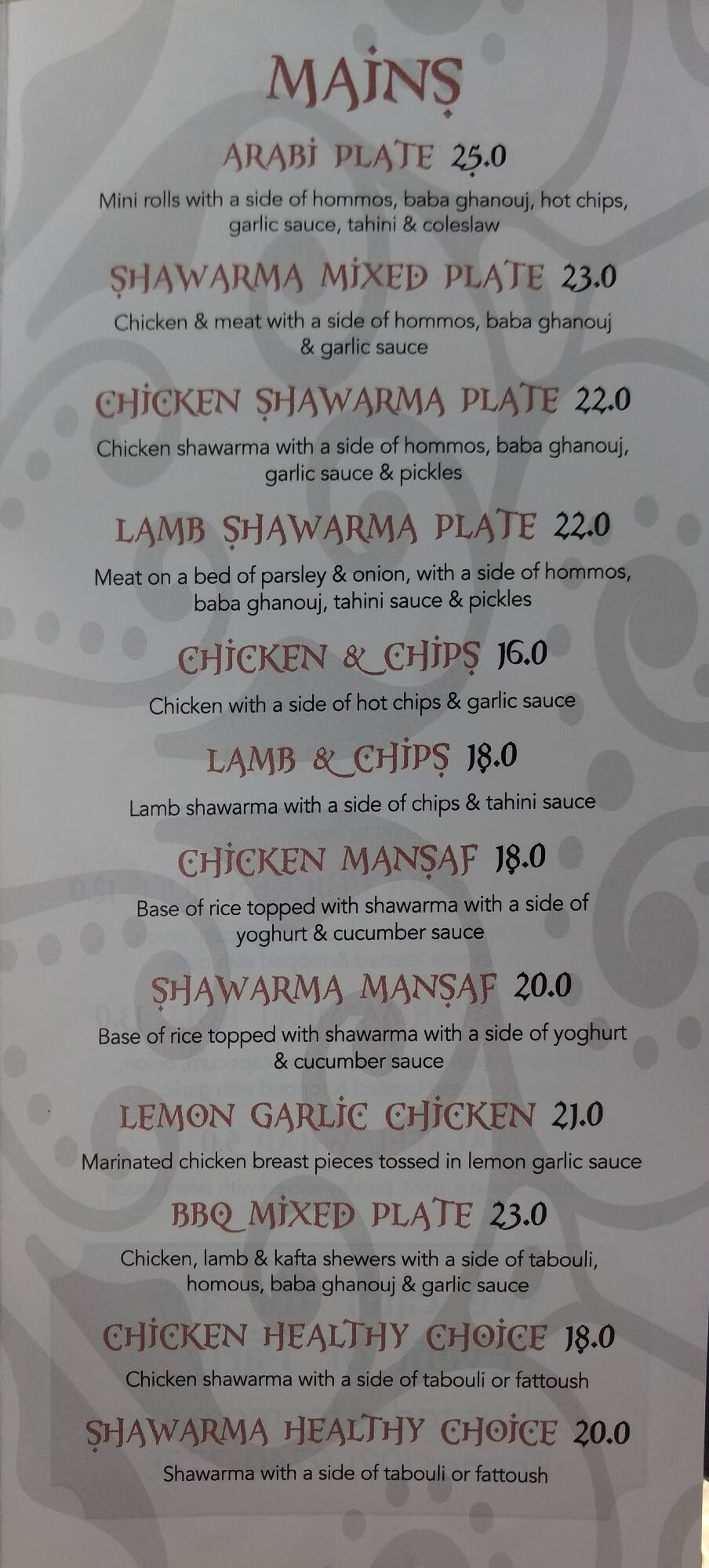 Menu at Mr Shawarma restaurant, Greenacre