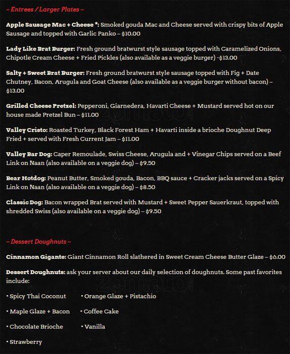 Menu at Valley Bar, Phoenix