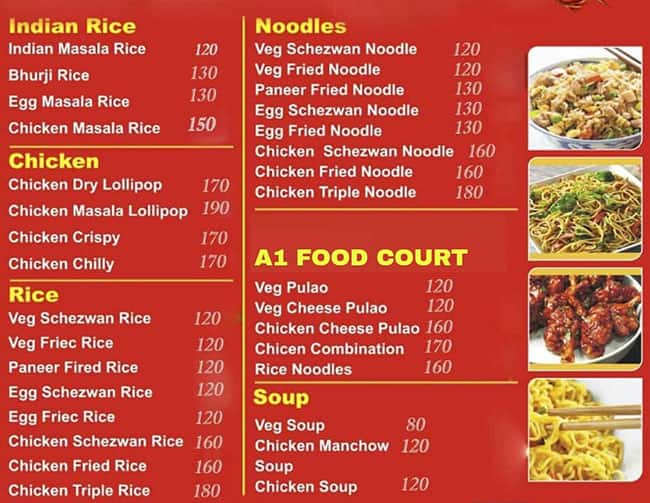 Menu of A1 Food Court, Yerawada, Pune