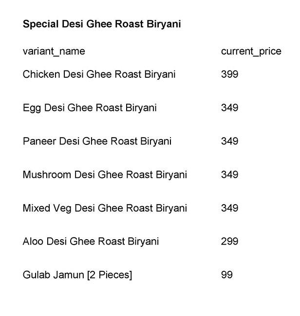 Menu of Special Desi Ghee Roast Biryani, BTM, Bangalore