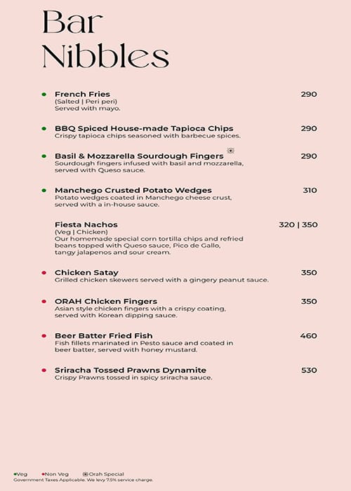 Menu of Orah Brew Garden, Yelahanka, Bangalore