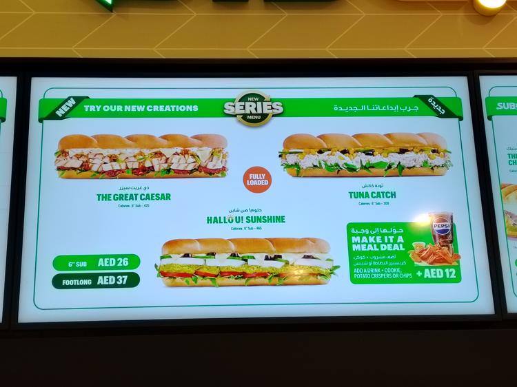 Menu of Subway, Palm Jumeirah, Dubai