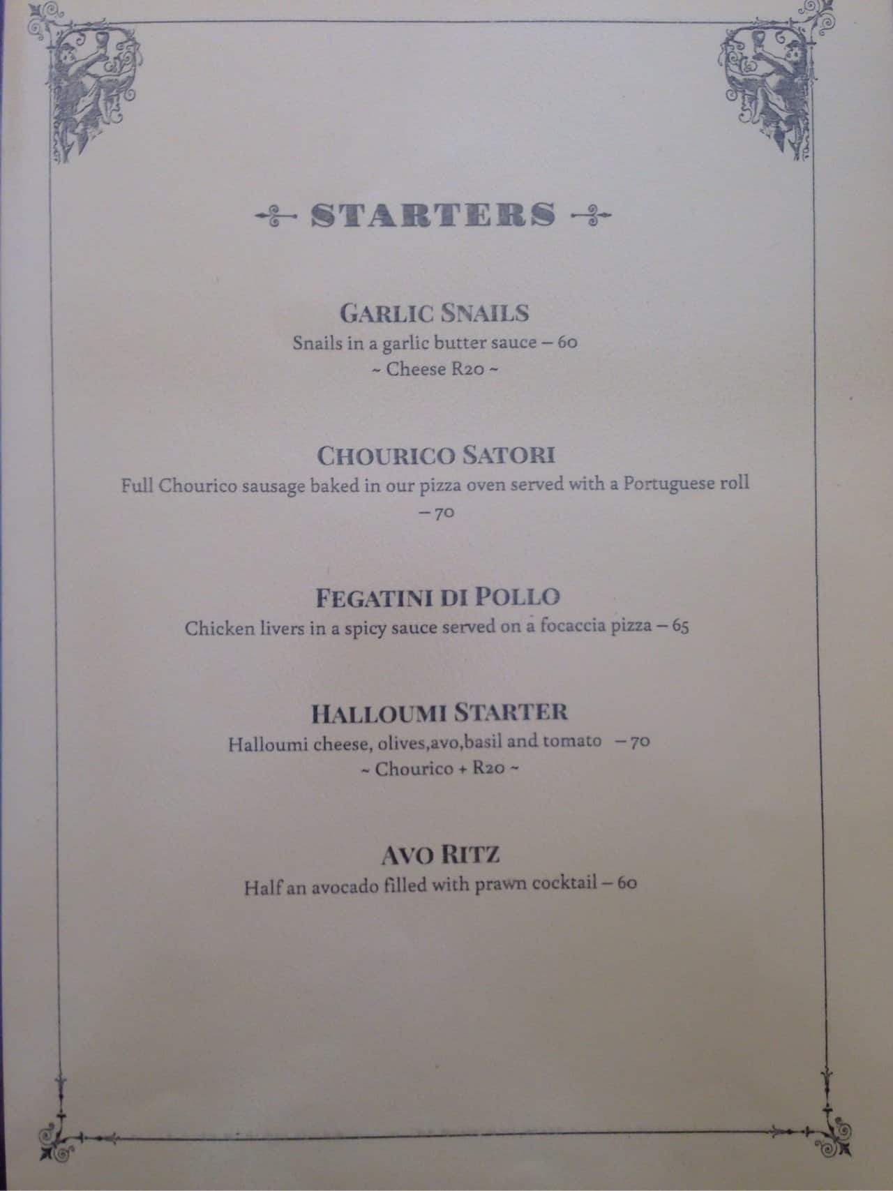 Menu at Satori restaurant, Johannesburg