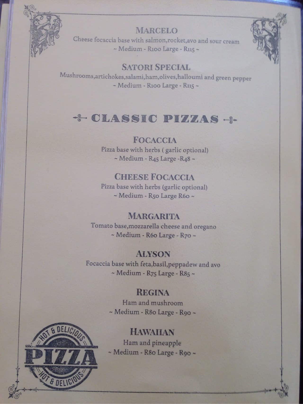 Menu at Satori restaurant, Johannesburg