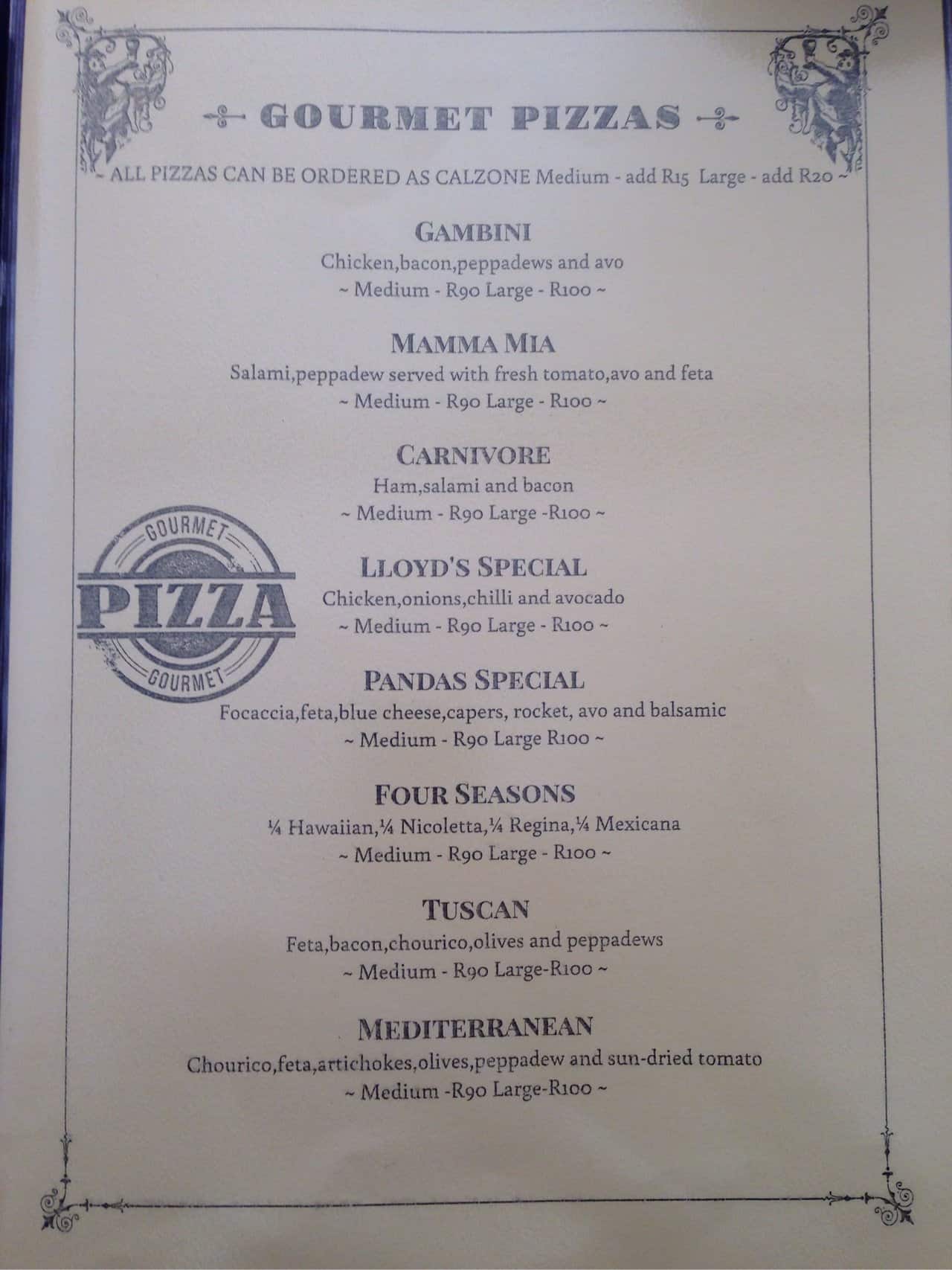 Menu at Satori restaurant, Johannesburg