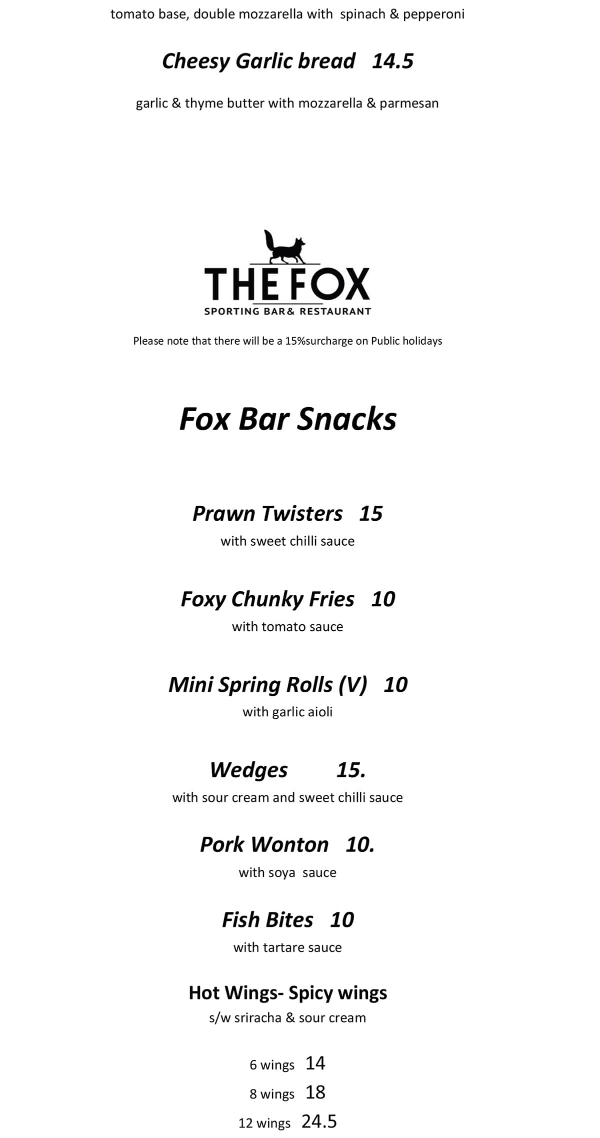 Menu at The Fox cafe, Auckland