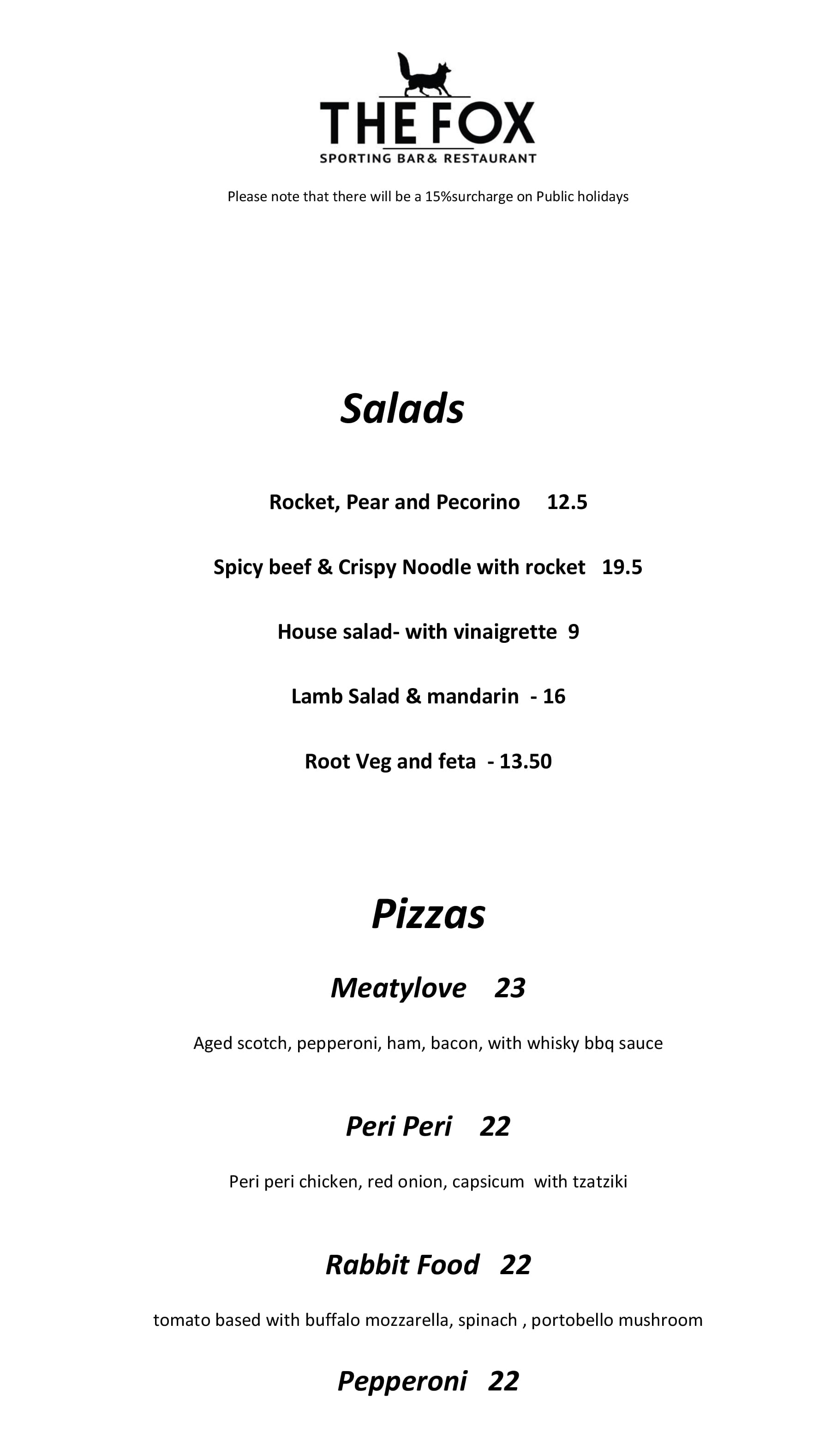 Menu at The Fox cafe, Auckland