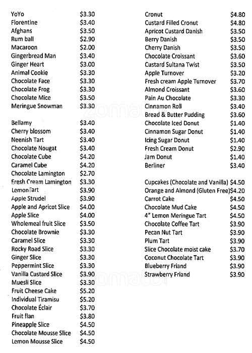 Menu at Meadowbank Bakery, Auckland, 2 St Johns Rd