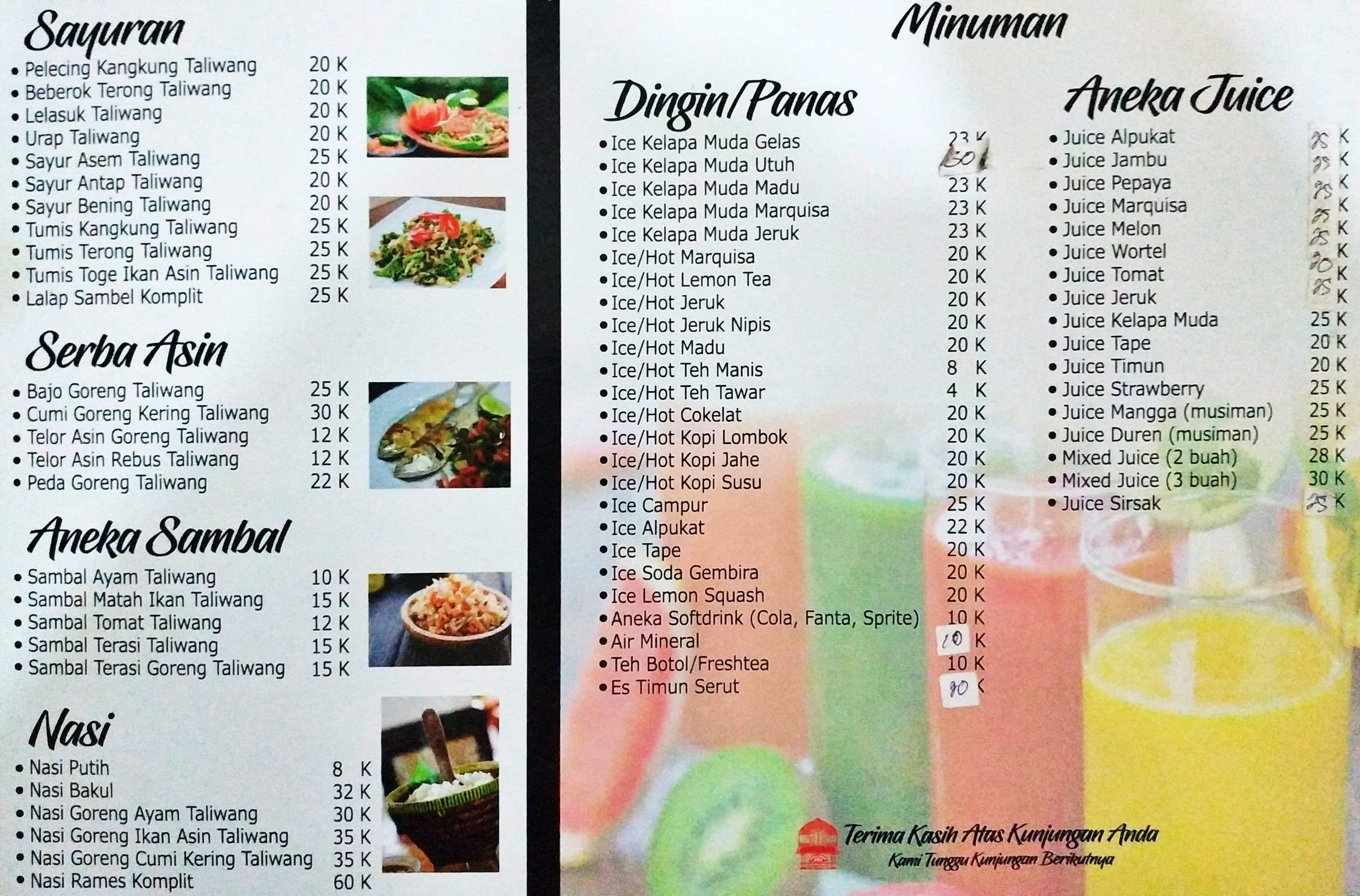 Menu at TALIWANG BERSAUDARA restaurant, Jakarta, Jl. Panglima Polim IV ...