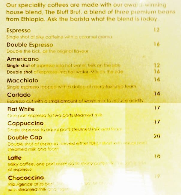 Menu at The Bean Green Coffee Roastery. cafe, Durban