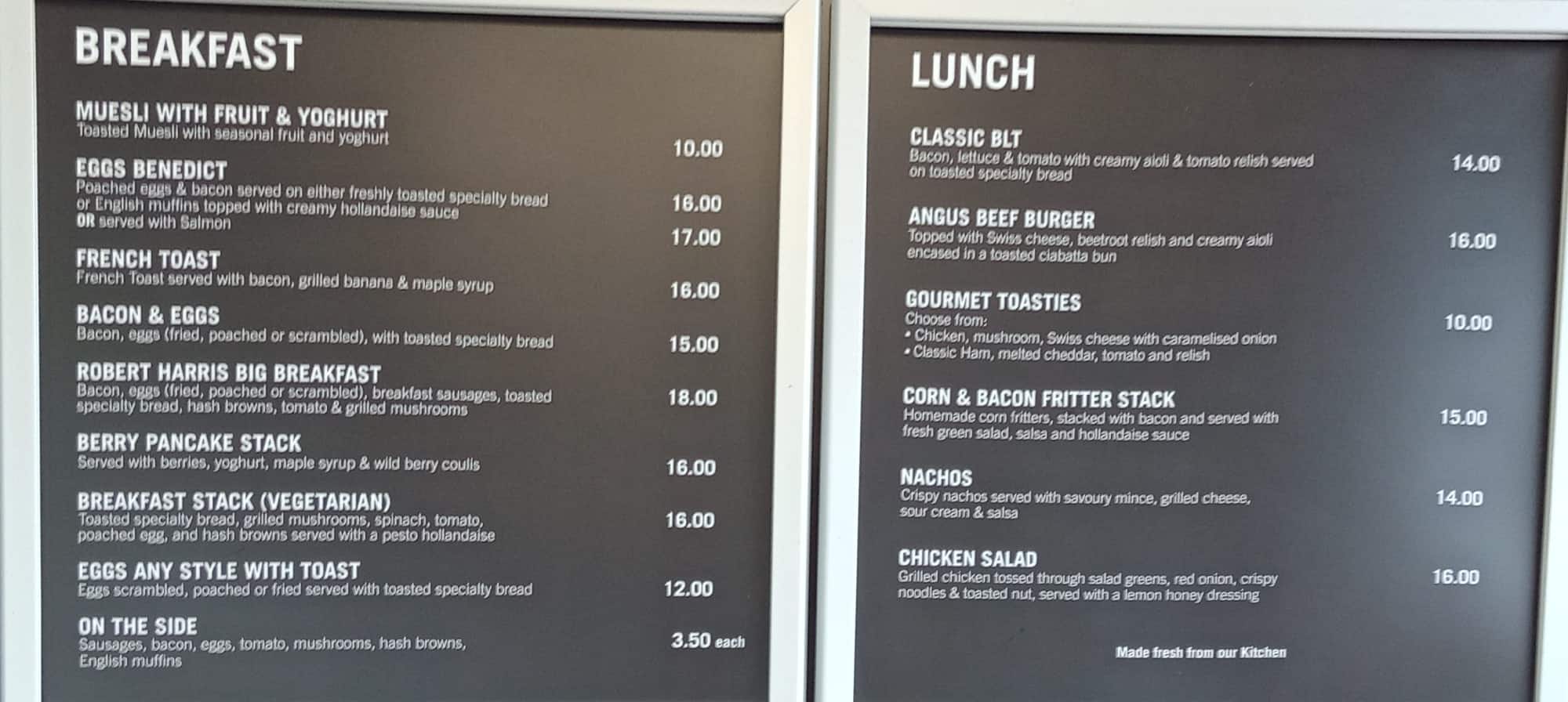 Menu at Robert Harris cafe, New Zealand, The Cube