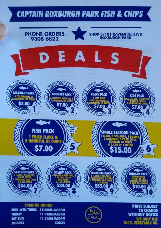 Menu at Captain Roxburgh fast food, Roxburgh Park