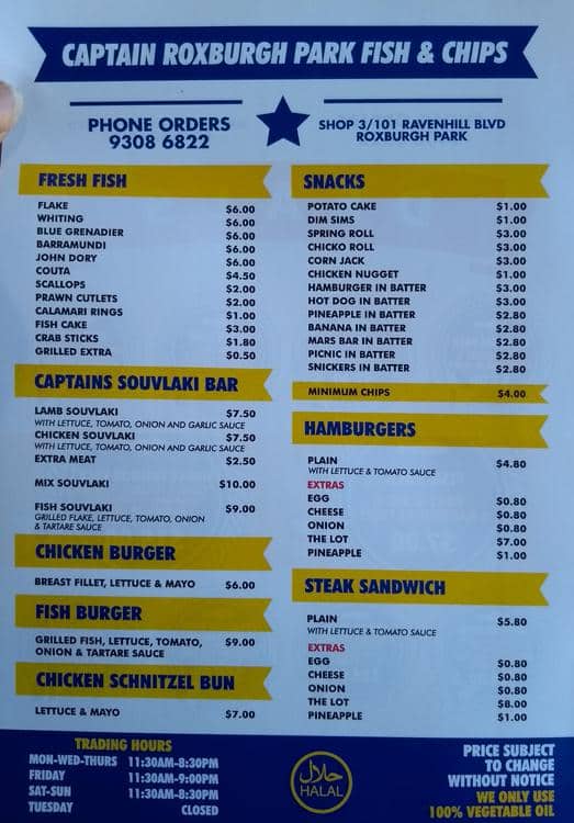 Menu at Captain Roxburgh fast food, Roxburgh Park