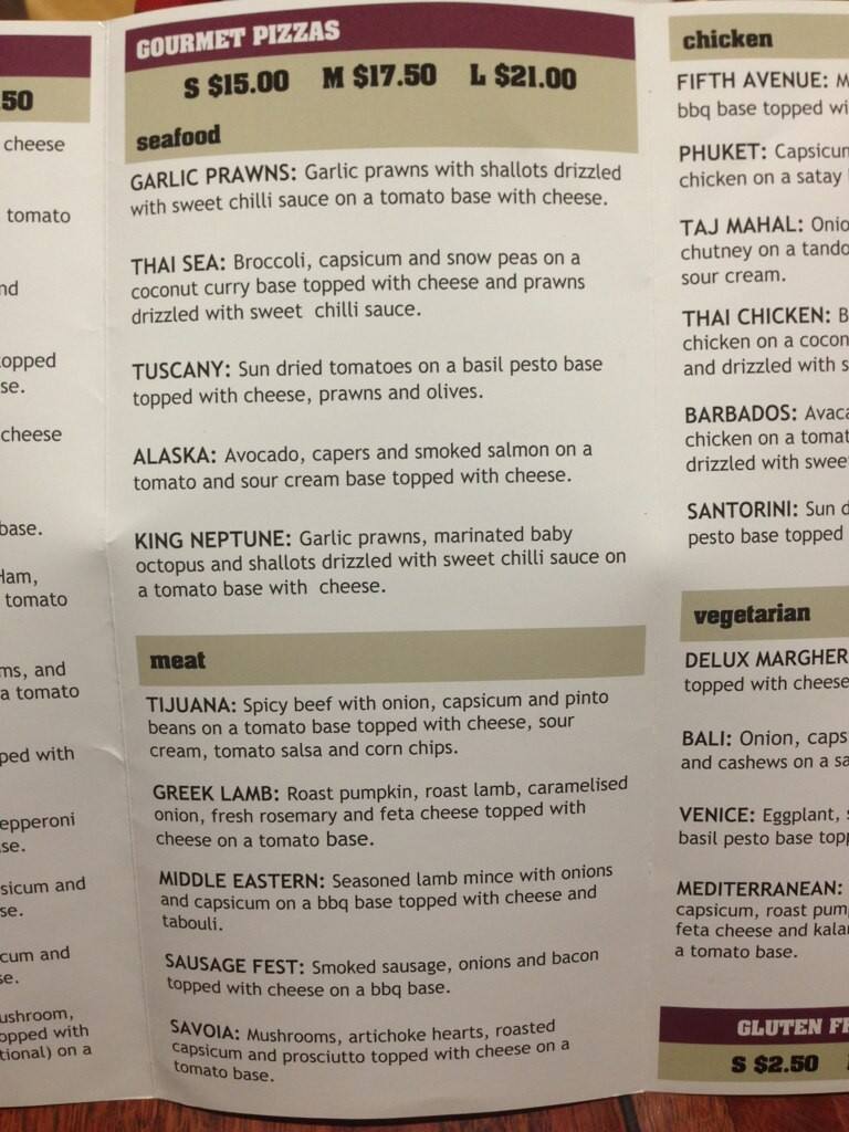 Carta de pizzería Tenterfield Gourmet Pizza, Tenterfield