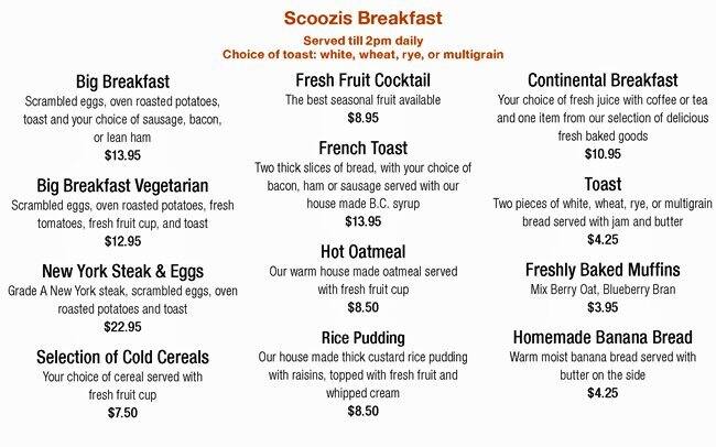 Menu au Scoozis pub et bar, Vancouver