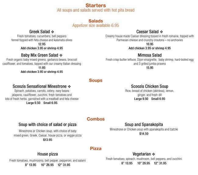 Menu au Scoozis pub et bar, Vancouver