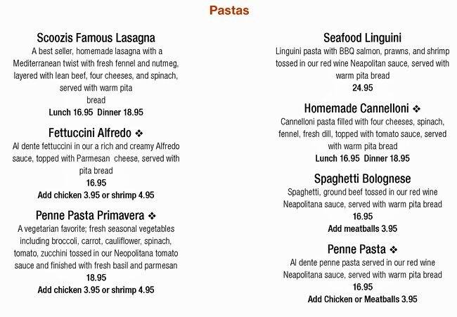 Menu au Scoozis pub et bar, Vancouver