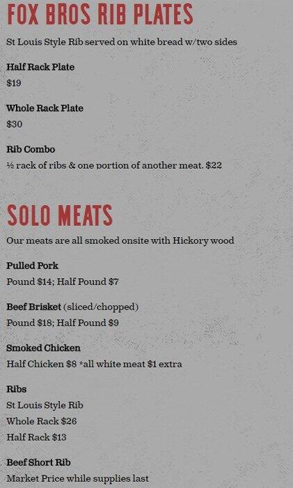 Menu at Fox Bros. Bar-B-Q, Atlanta
