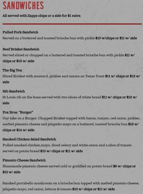 Menu at Fox Bros. Bar-B-Q, Atlanta