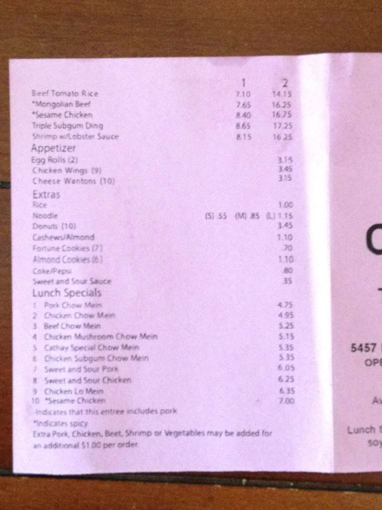 Menu at Cathay Chow Mein restaurant, Minneapolis