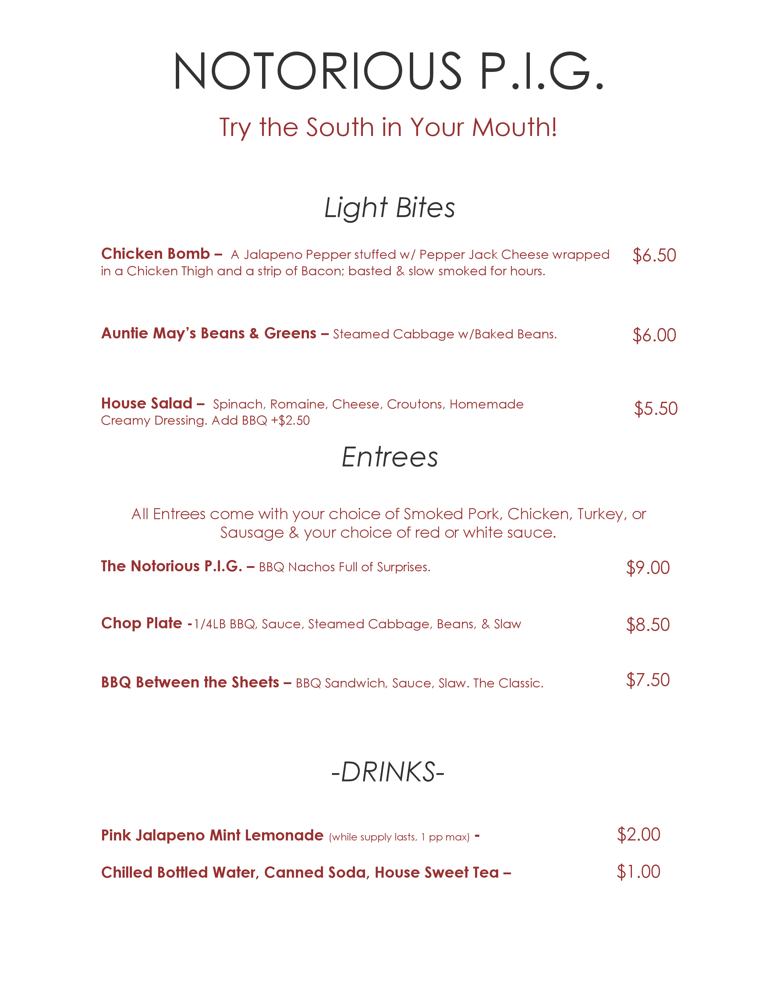 Menu at Notorious Pig, Birmingham, Location Varies-See Twitter