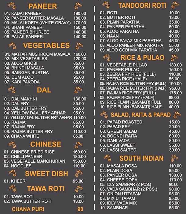 Menu at Krishna Vaishno Bhojnalaya, Srinagar