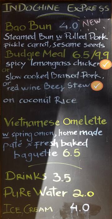 Menu at Indochine Express restaurant, Auckland