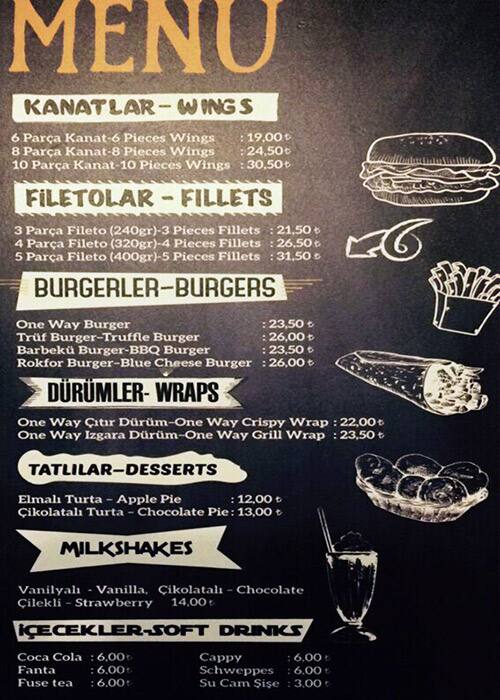 Menu at One Way Chicken, Istanbul