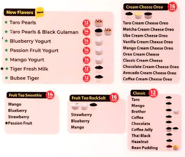 Menu of BUBEE, Mussafah Sanaiya, Abu Dhabi