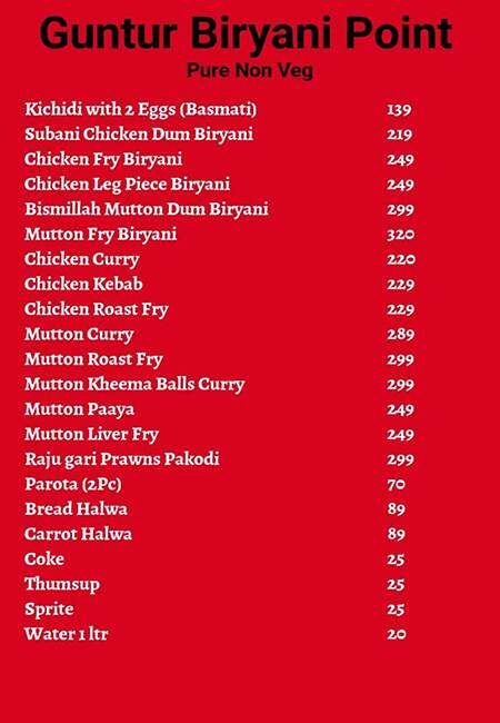 Menu of Guntur Biryani Point, Kukatpally, Hyderabad