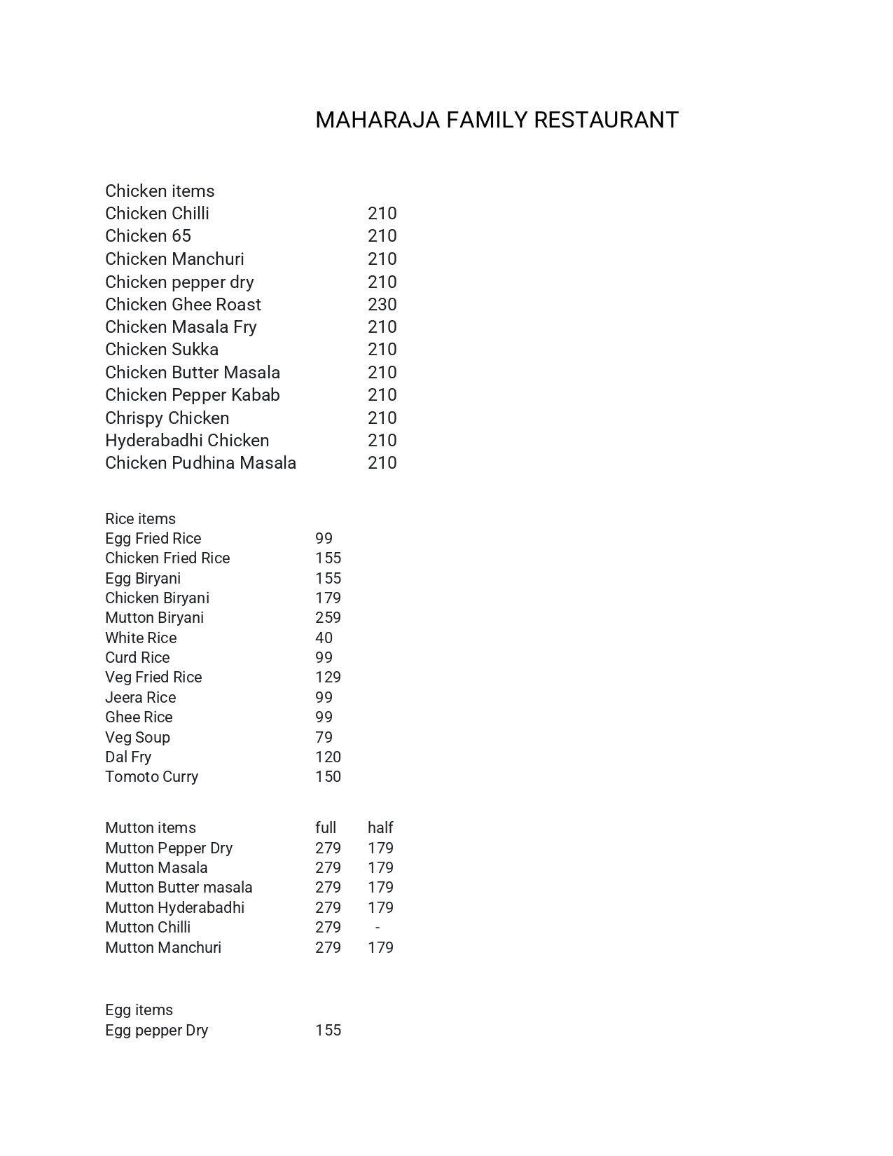 Menu of Maharaja Family Restaurant, Kanakapura Road, Bangalore