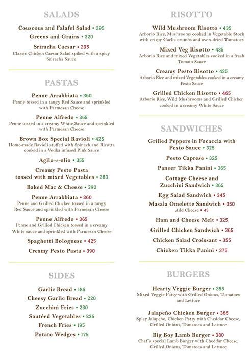 Menu of The Brown Box, Panchsheel Park, New Delhi