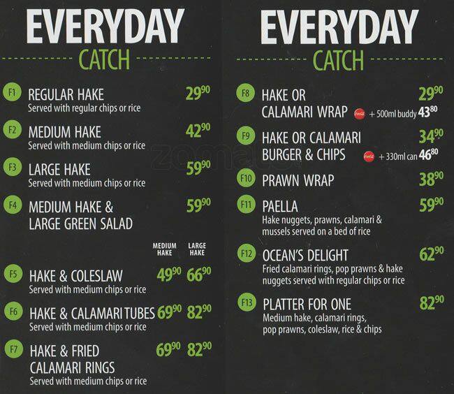 Menu au Fishaways restaurant, Le Cap, Cobble Walk Centre