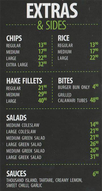 Menu at Fishaways restaurant, Cape Town, Cobblewalk