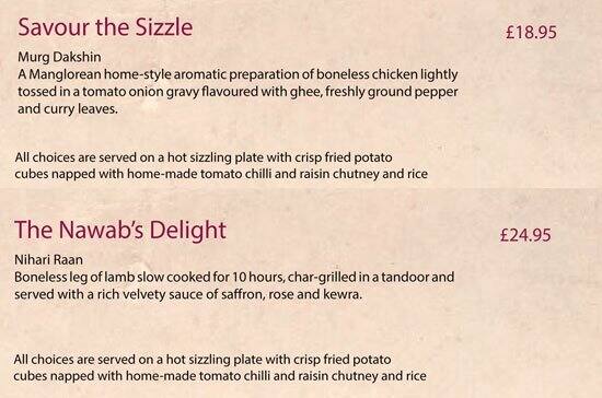 Menu at Asha's restaurant, Birmingham