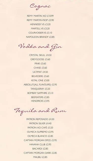 Menu at Asha's restaurant, Birmingham