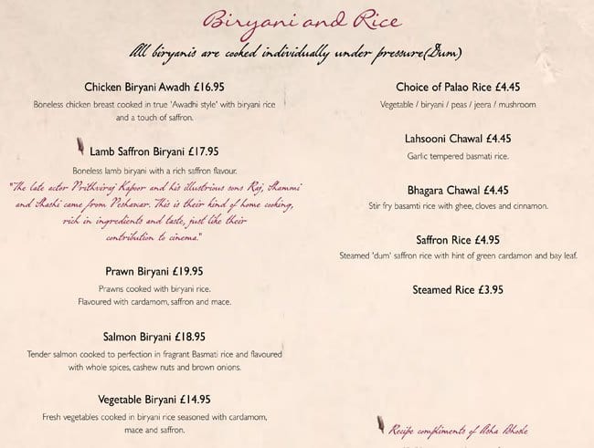 Menu at Asha's restaurant, Birmingham