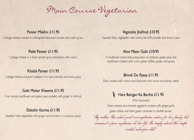 Menu at Asha's restaurant, Birmingham