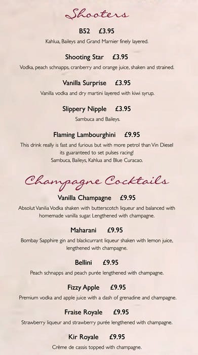 Menu at Asha's restaurant, Birmingham