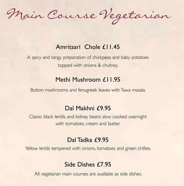 Menu at Asha's restaurant, Birmingham