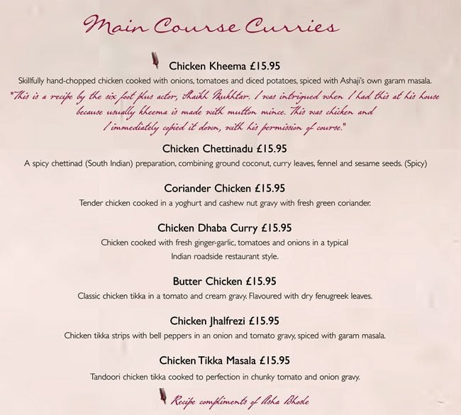 Menu at Asha's restaurant, Birmingham