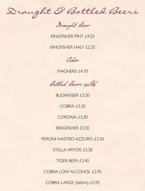 Menu at Asha's restaurant, Birmingham