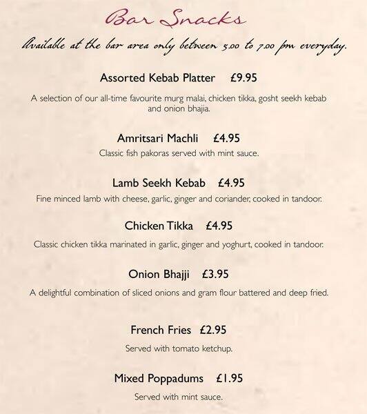 Menu at Asha's restaurant, Birmingham